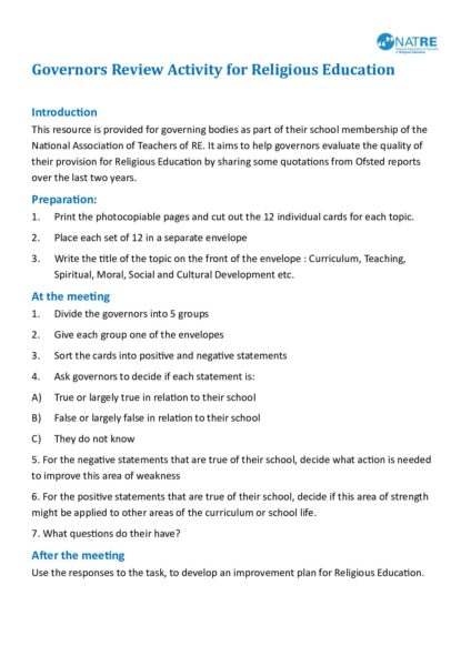 Governors Review Activity for RE (Primary) – NATRE