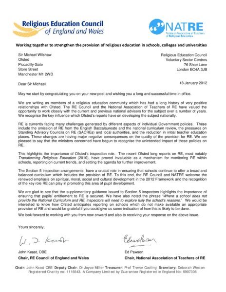 NATRE / REC joint letter to Ofsted – NATRE